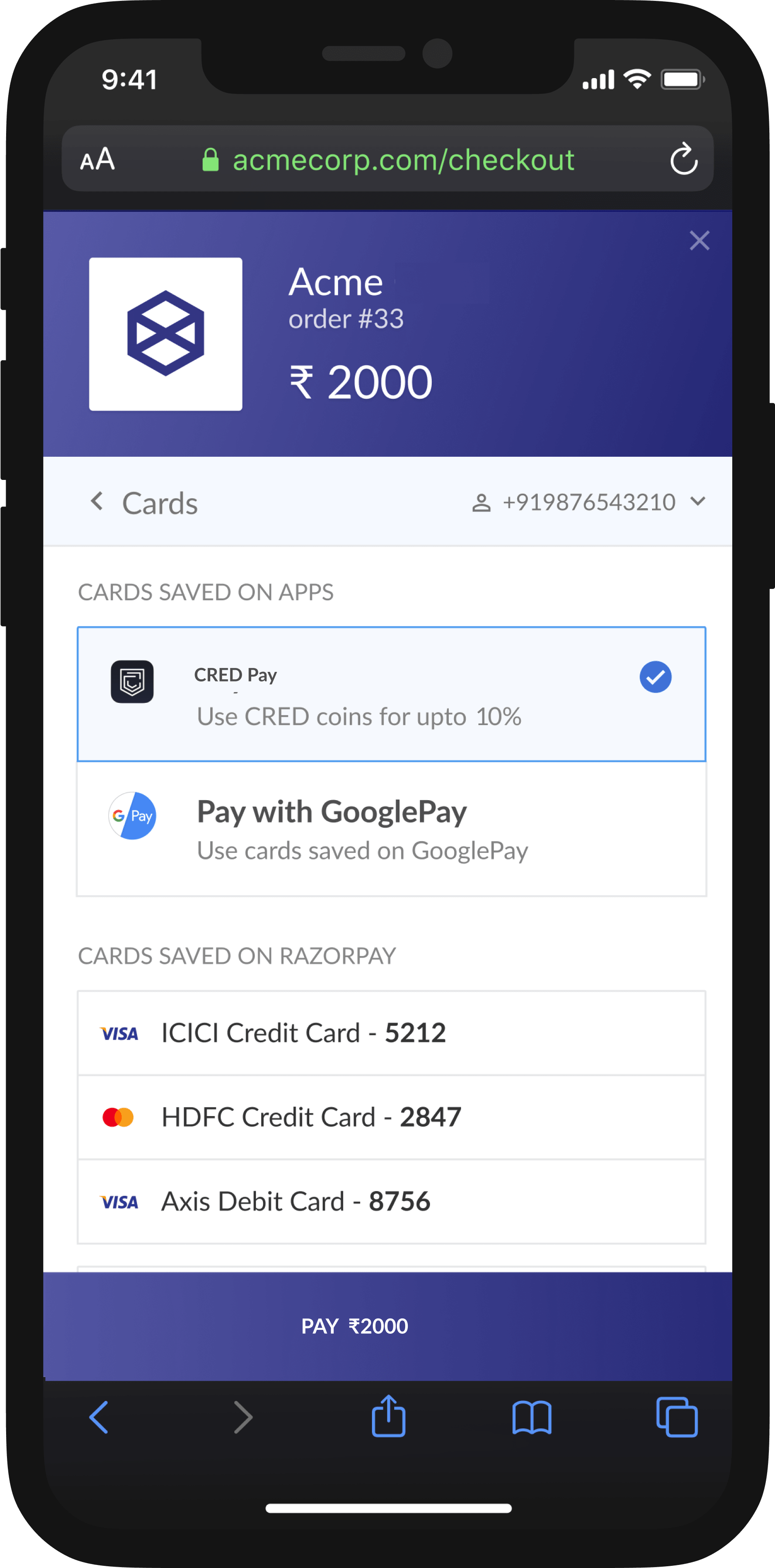 CRED Pay - Make payments through Razorpay using CRED coins.