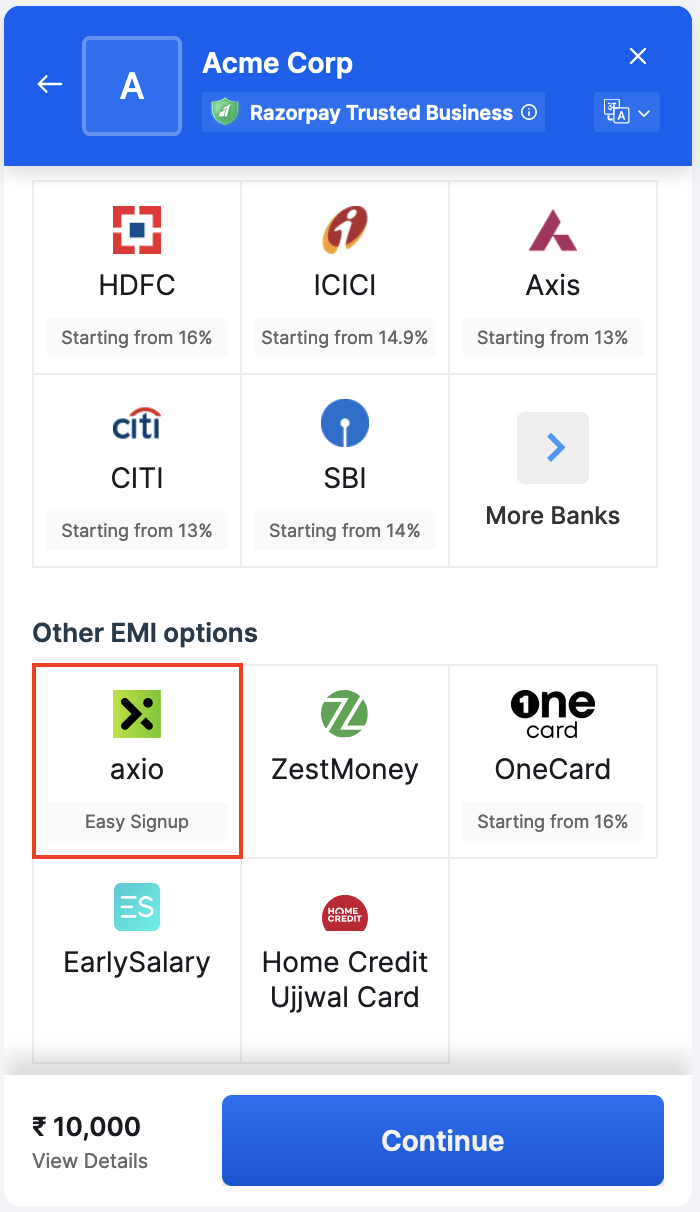 axio Cardless EMI | Razorpay Docs
