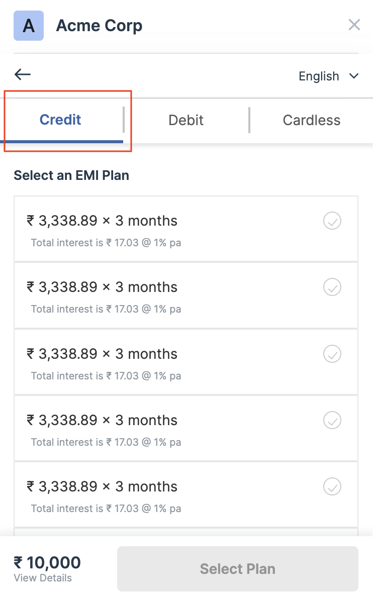 Credit Card EMIs - Standard Checkout | Razorpay Docs