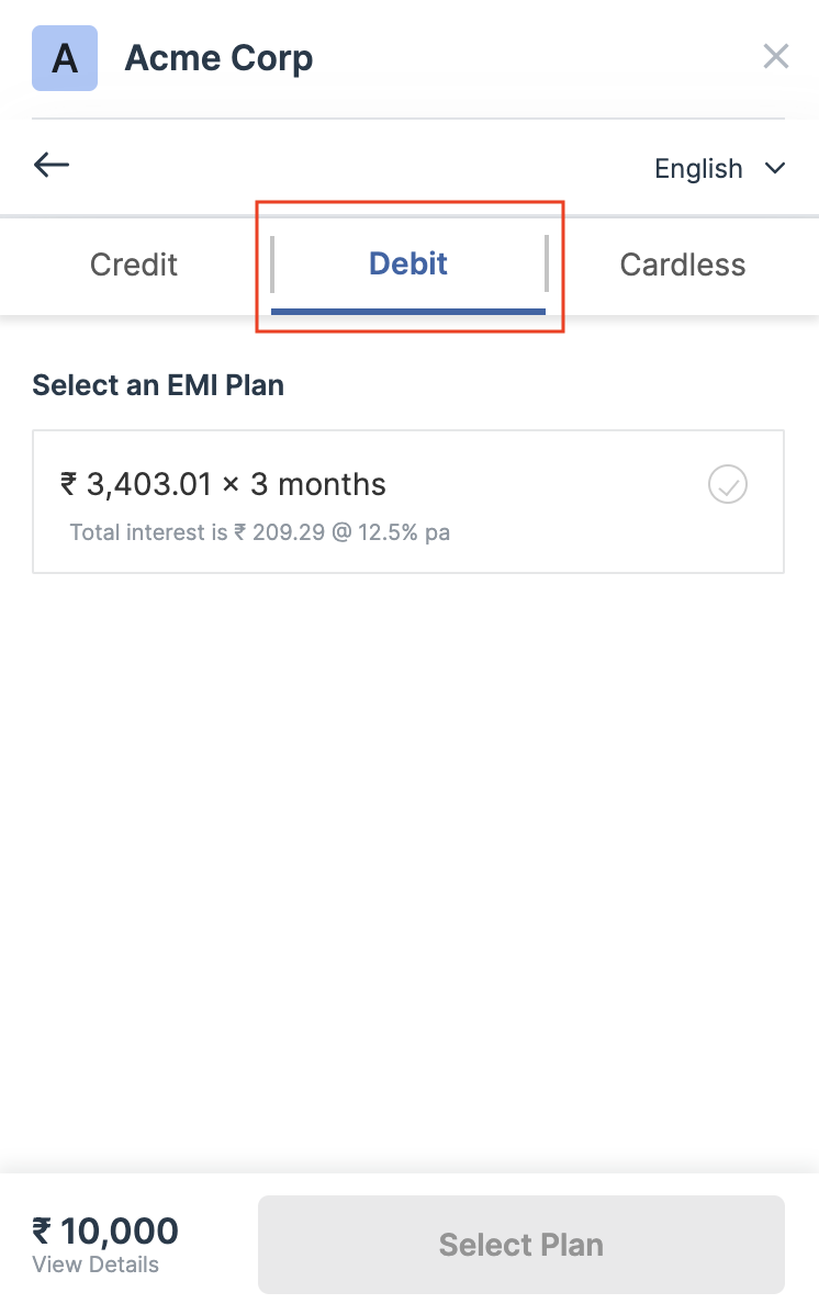 Debit Card EMIs - Standard Checkout | Razorpay Docs