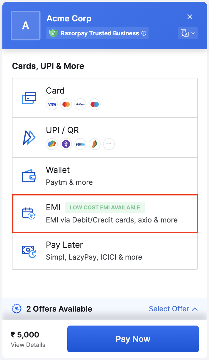 Razorpay Low Cost EMI | Razorpay Docs