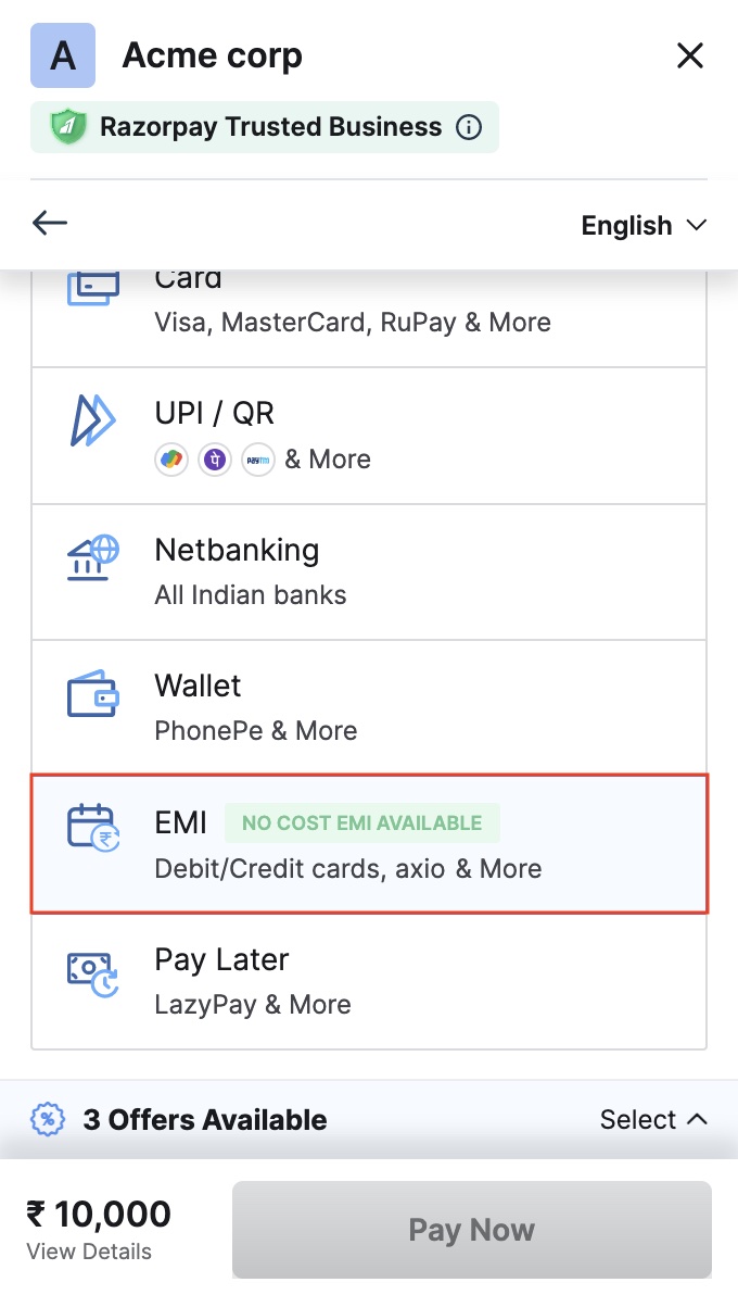 No Cost EMI | Razorpay Docs