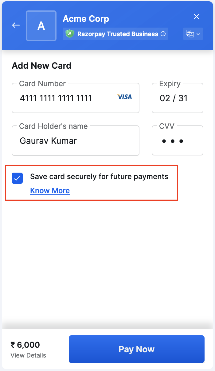Save Customer Card Details at Standard Checkout | Razorpay Docs