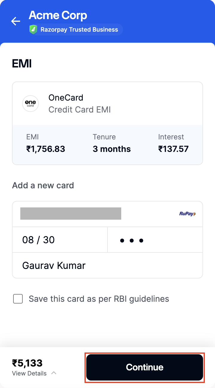 OneCard Credit Card EMI | Razorpay Docs