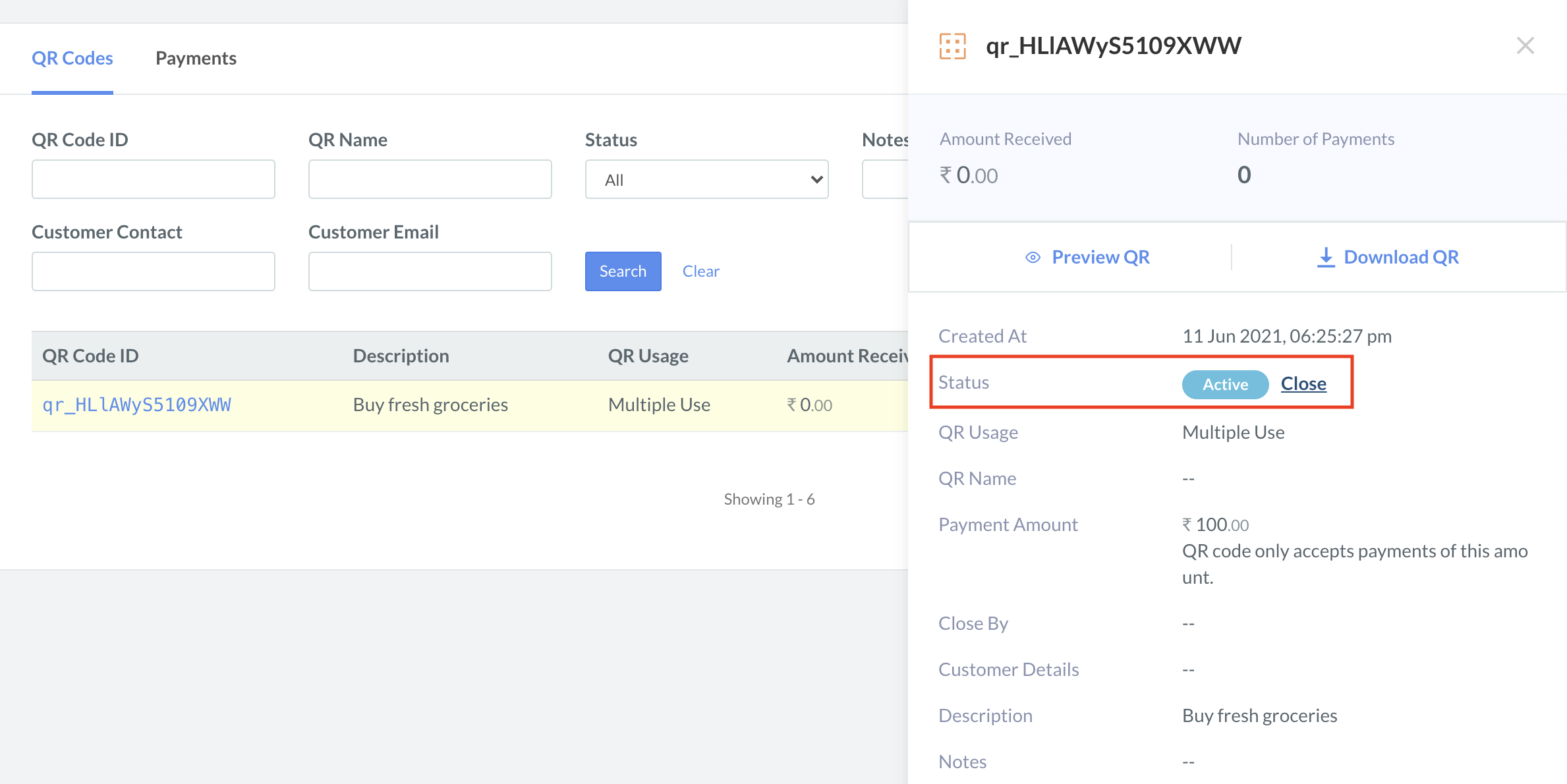 Close a QR Code | Razorpay Docs