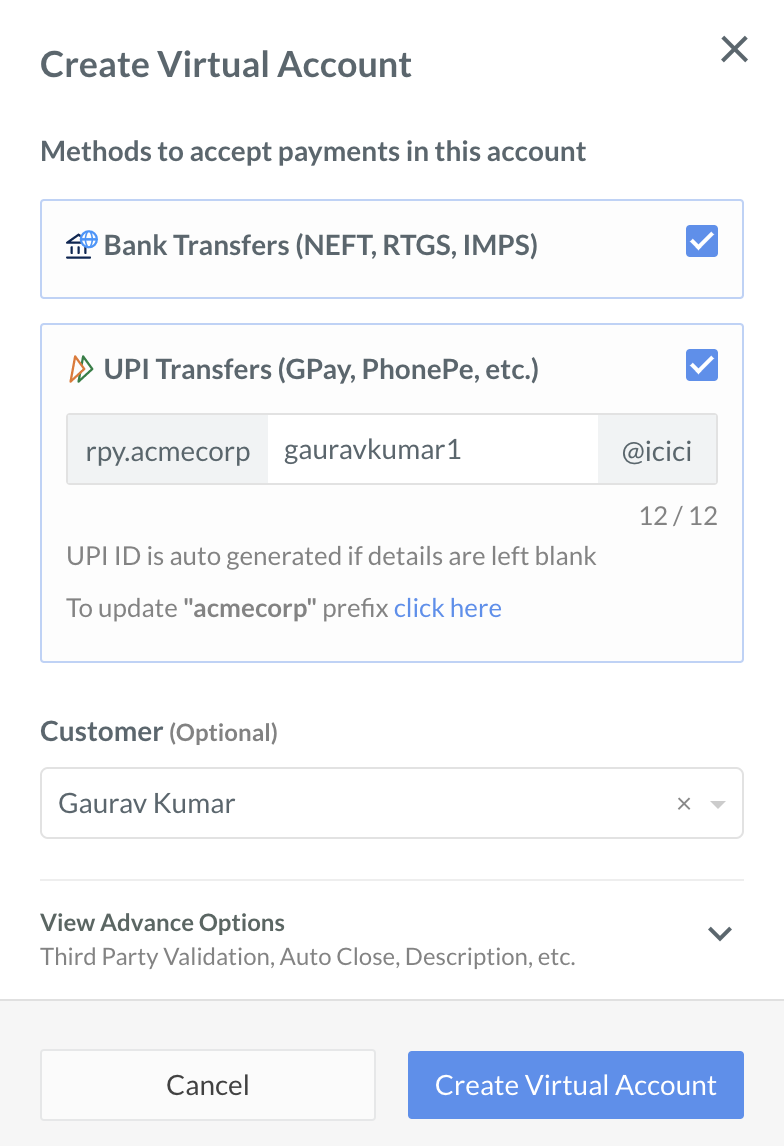 Create Virtual Accounts | Razorpay Docs