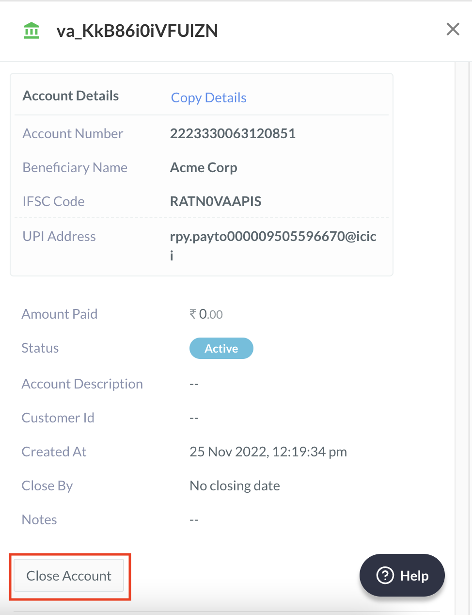 Close Virtual Accounts | Razorpay Docs