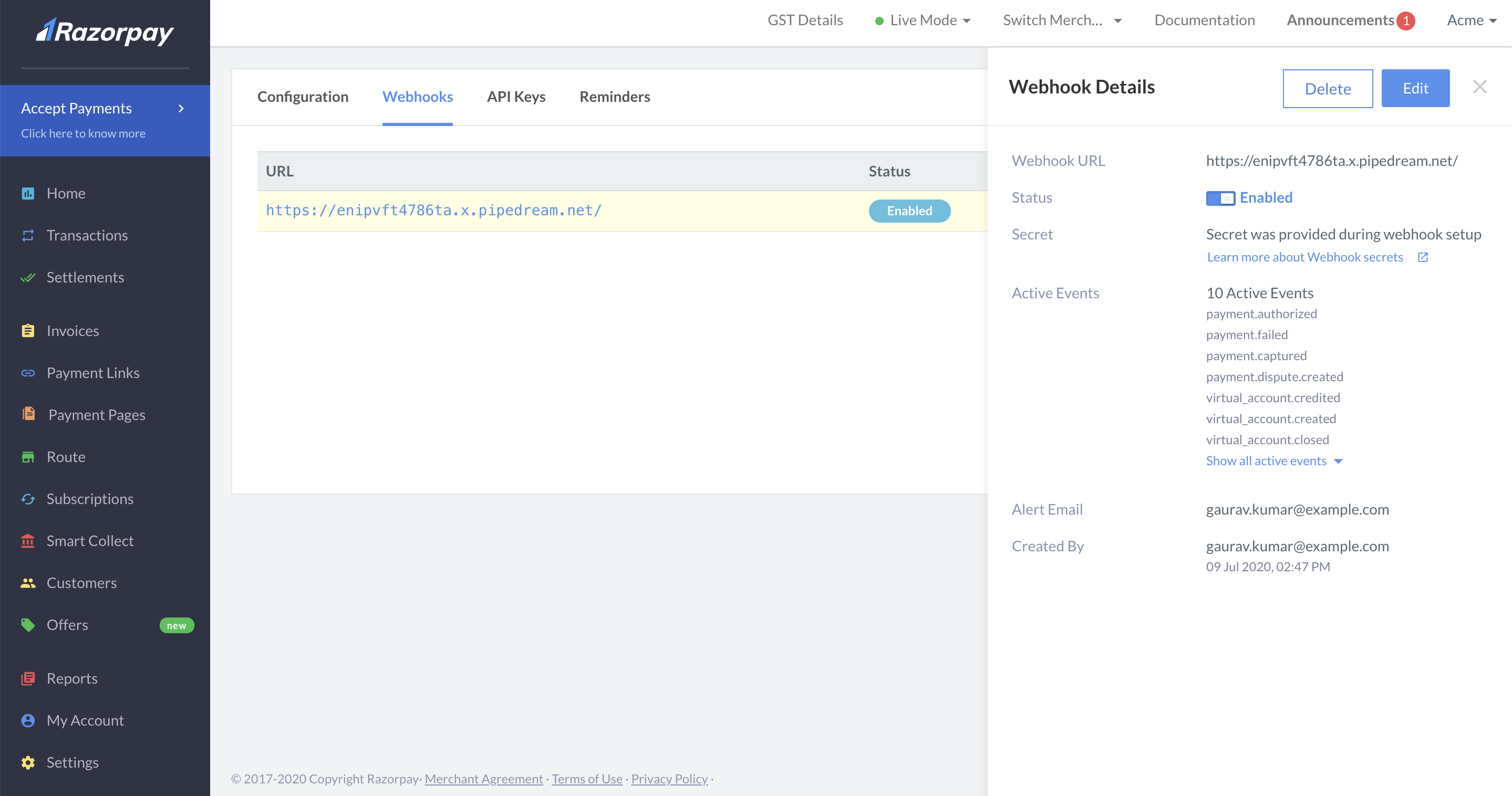 Set Up and Edit Payments Webhooks | Razorpay Docs