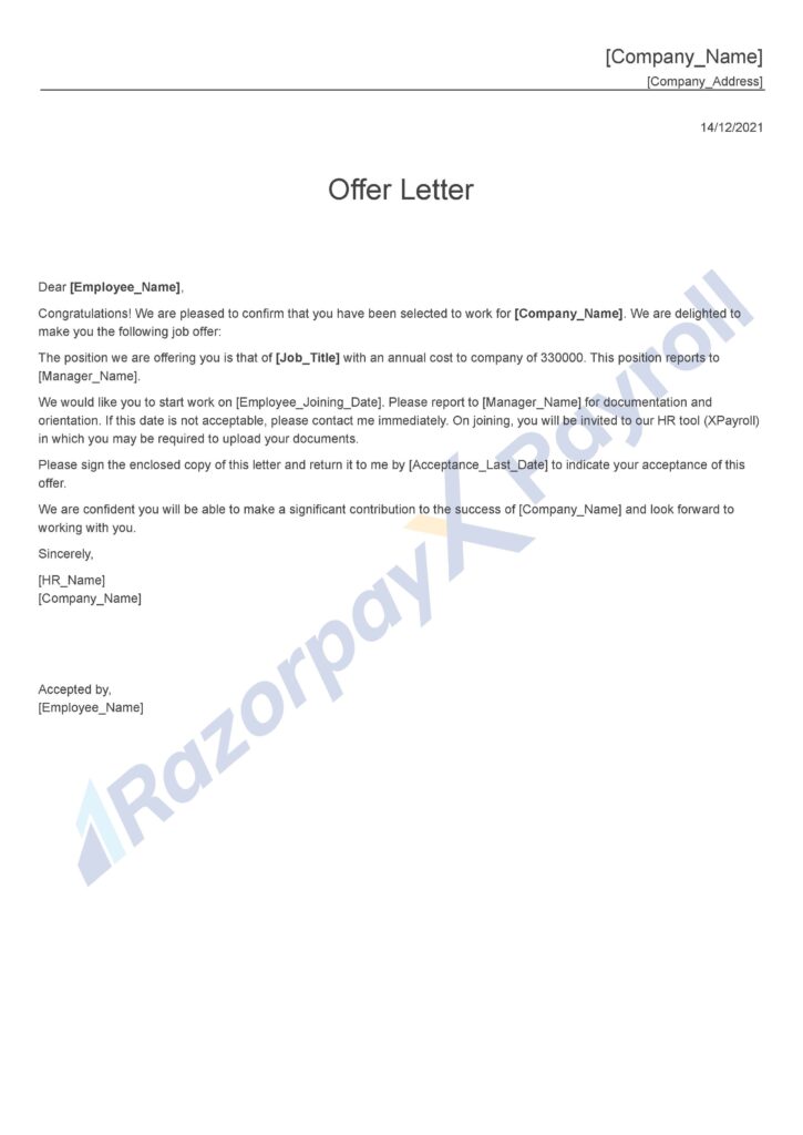 Offer Letter Format With Free PDF Word Templates Razorpay Payroll