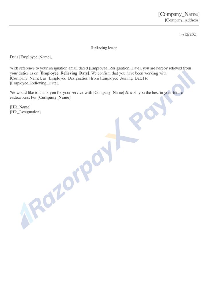 Relieving Letter Format Free Samples Templates Razorpay Payroll